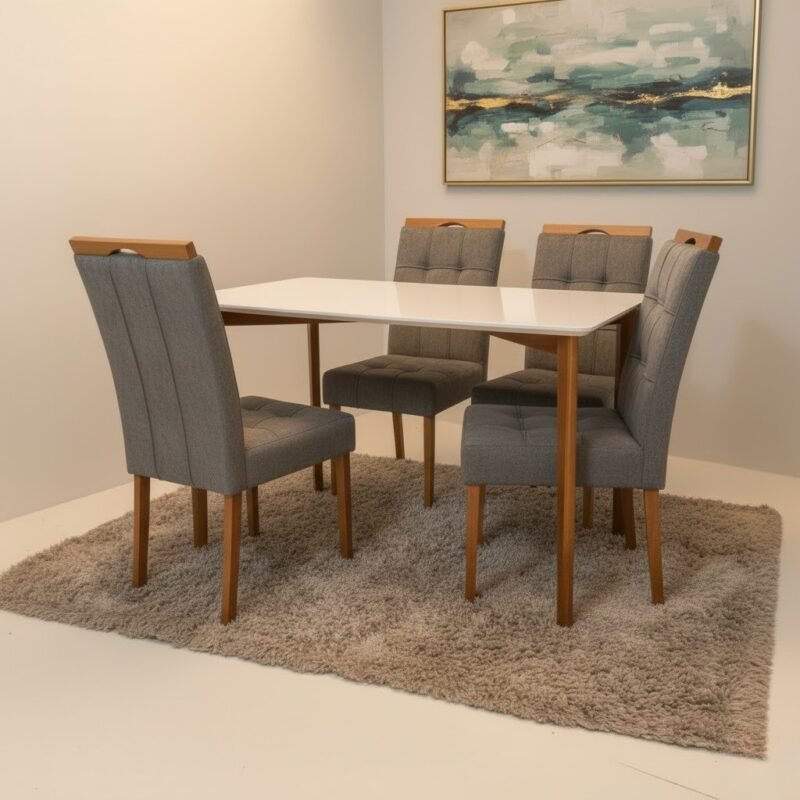 Mesa Ravena 120 Naturale/Off White com 4 Cadeiras Sophia Veludo Cinza ...