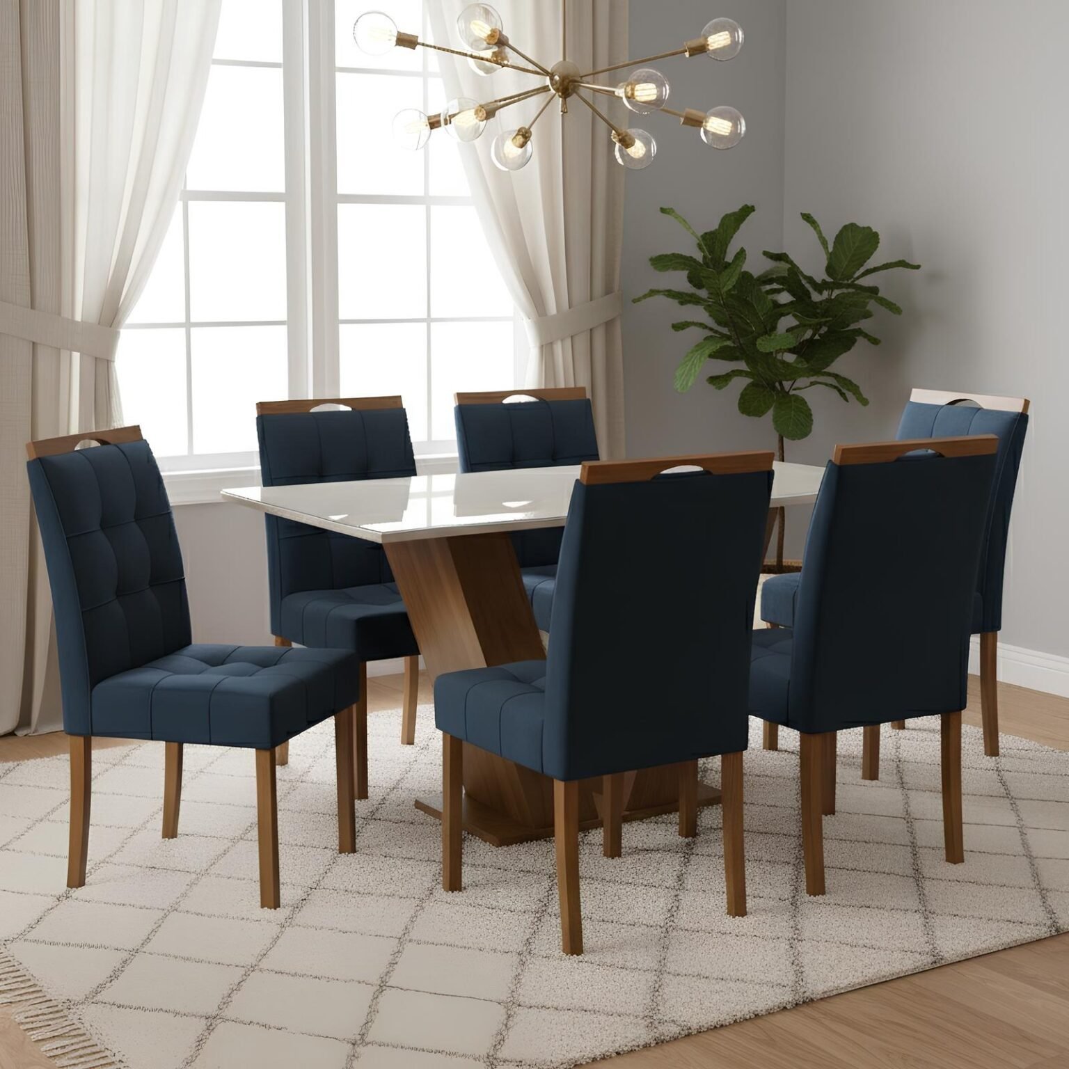 Mesa Classic 160 Cinamomo/Off White com 6 Cadeiras Sophia Veludo Azul ...