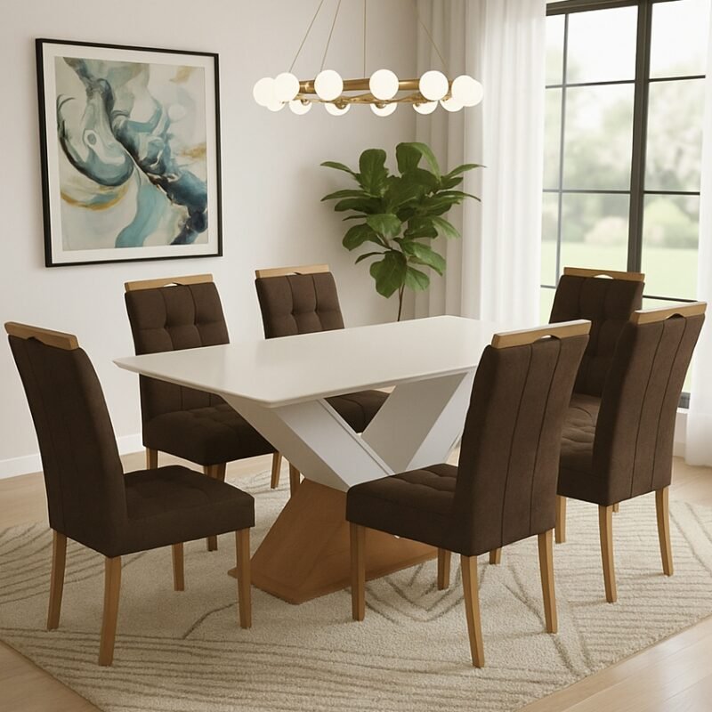 Mesa Amora BA35 160 Canela/Off White com 6 Cadeiras Sophia Veludo ...