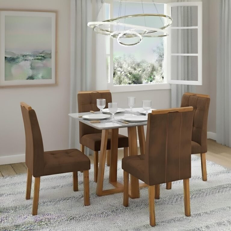 Mesa Bali 90 Cinamomo/Off White com 4 Cadeiras Sophia Veludo Marrom ...
